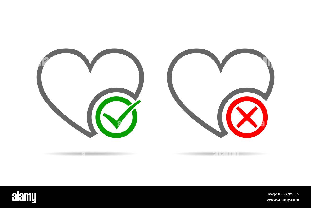 Hearts with Yes and No check marks. Yes and No check marks. Vector illustration. Gray hearts ...