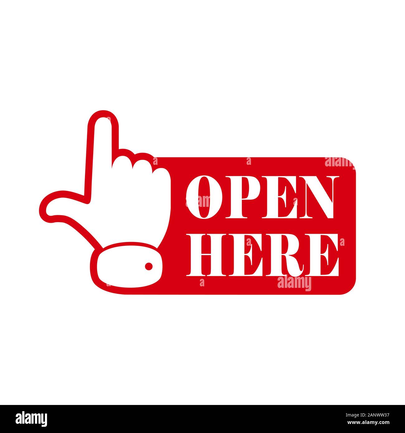 Open here sign with hand icon and with text. Red open here icon. Vector ...