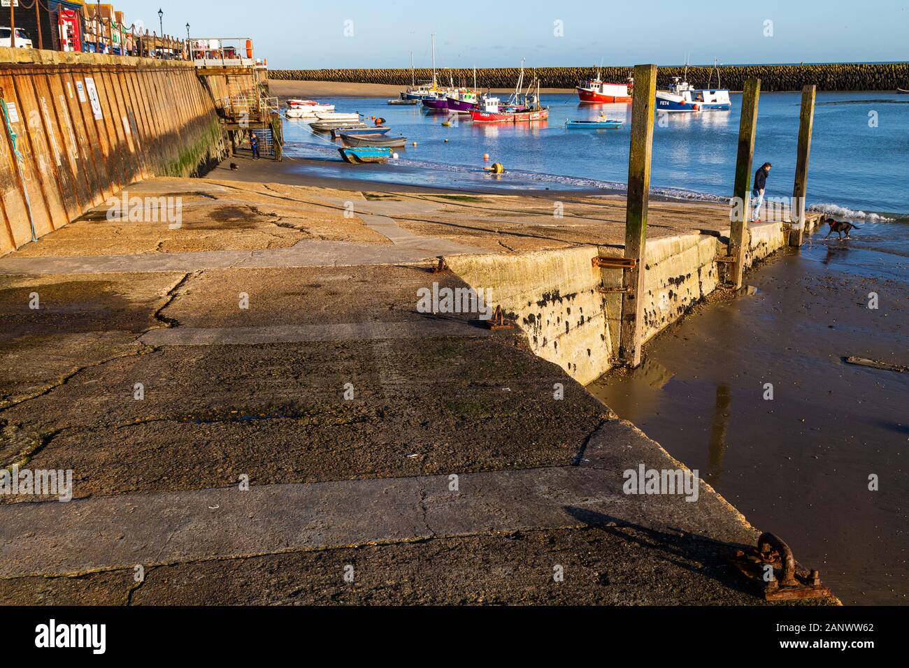 Folkestone, Kent. UK. A concrete slipway into the harbour at Folkestone ...