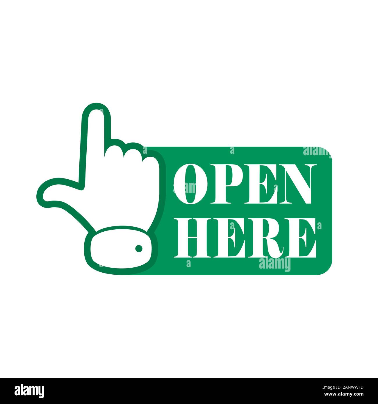 Open here sign with hand icon and with text. Green open here icon ...