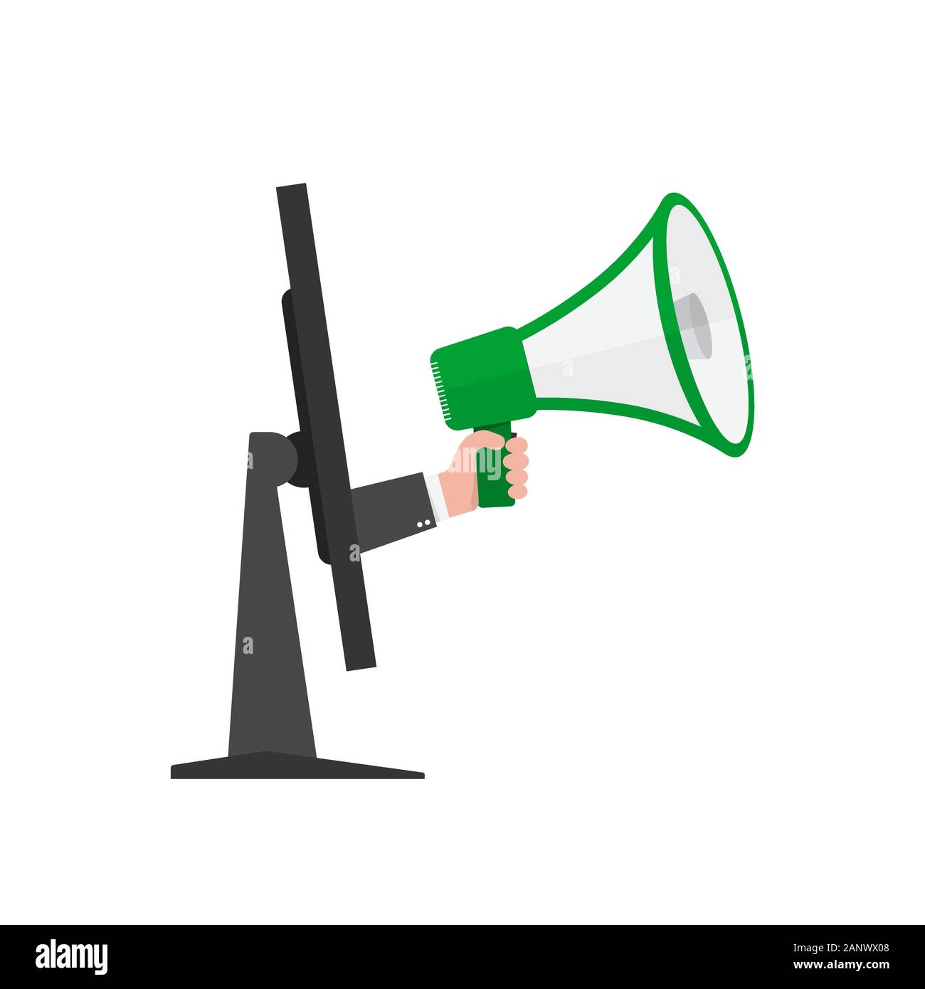 Loudspeaker or megaphone in the male hand coming out from screen of ...