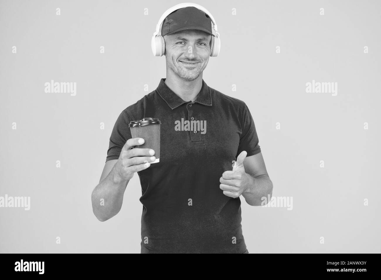 Man recommend to try drink. Hot beverage. Here is your coffee. Cafe ...