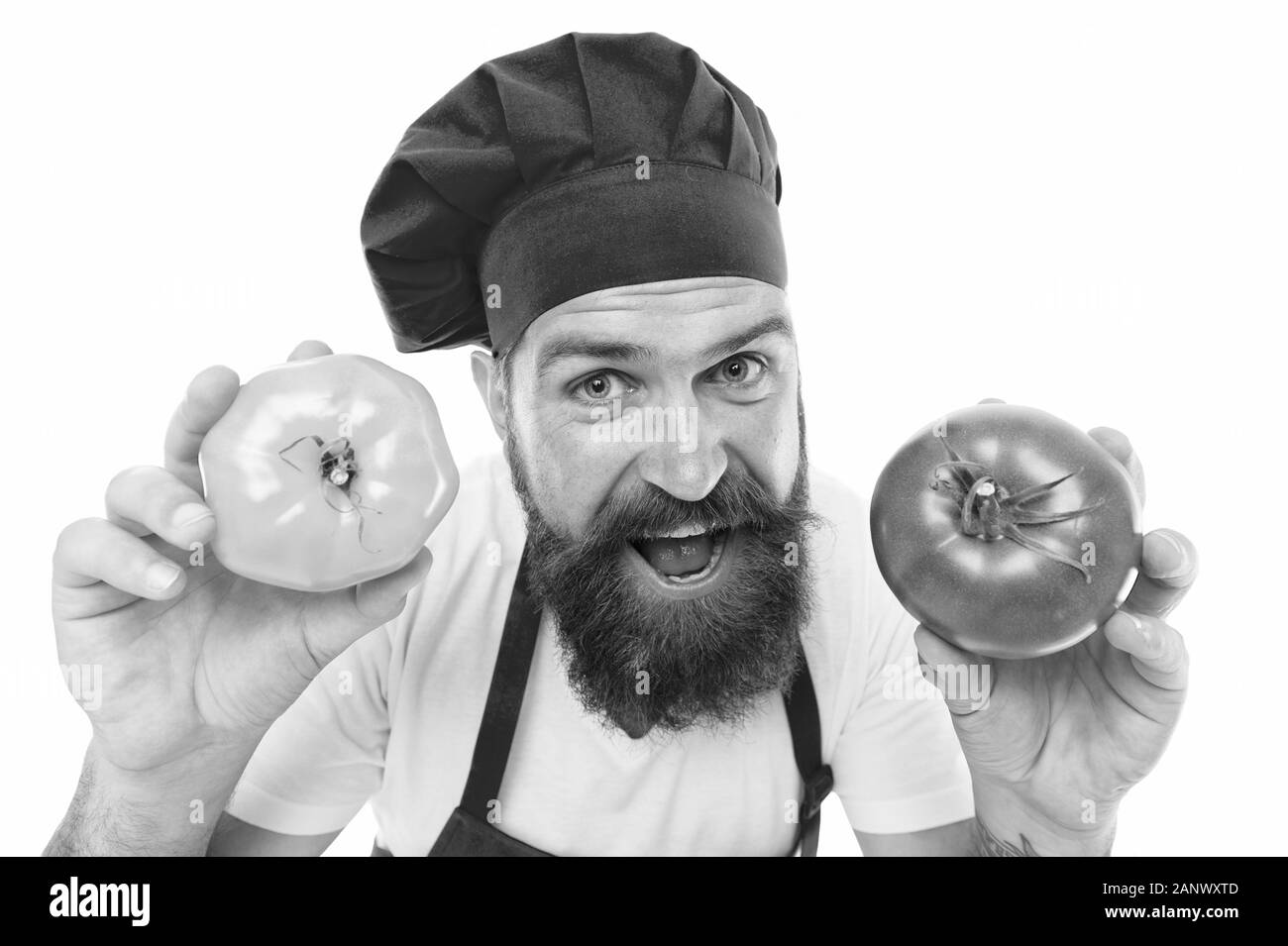 Tomato sauce recipe. Healthy cooking concept. Man with beard on white ...