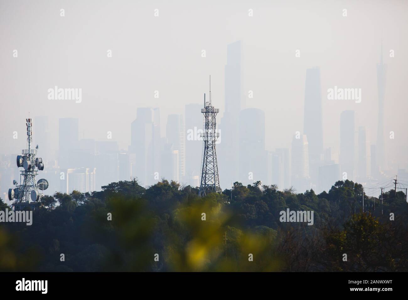 View of Guangzhou city with Zhujiang New Town from White Cloud Mountain ...