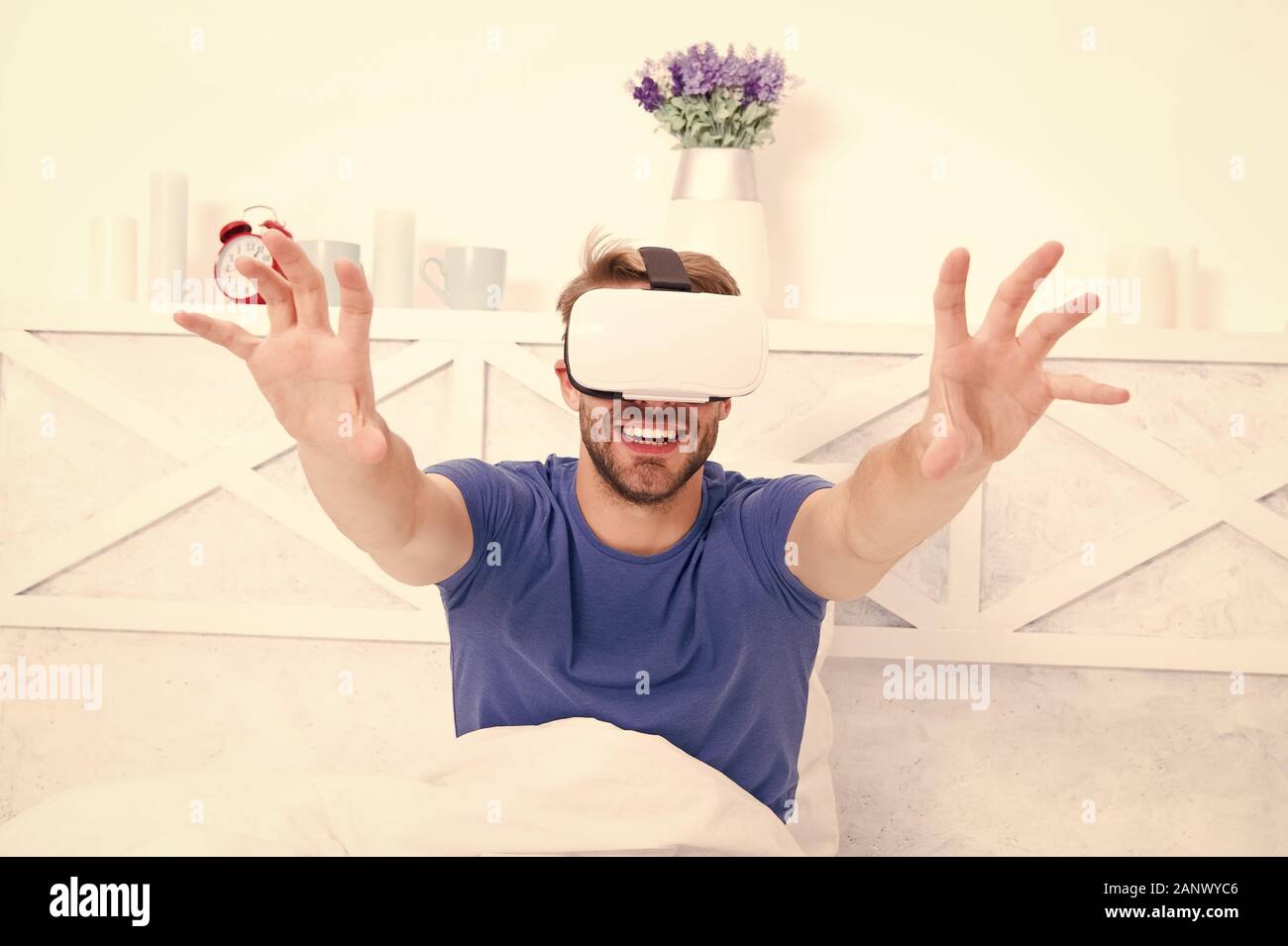 Using computer technology to create a simulated environment. Happy guy ...