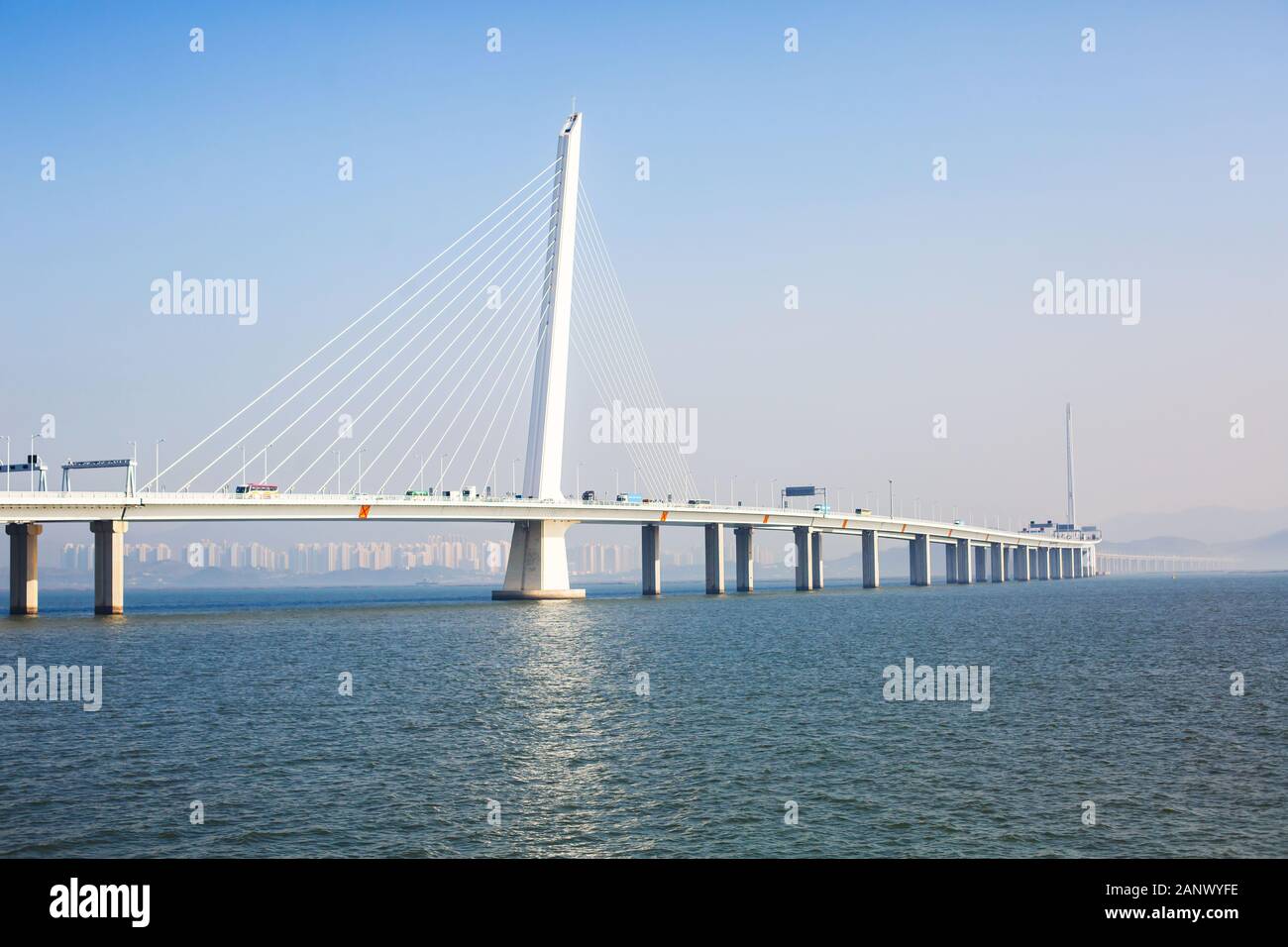 Shenzhen Bay Bridge under the blue sky, cable-stayed bridge from ...
