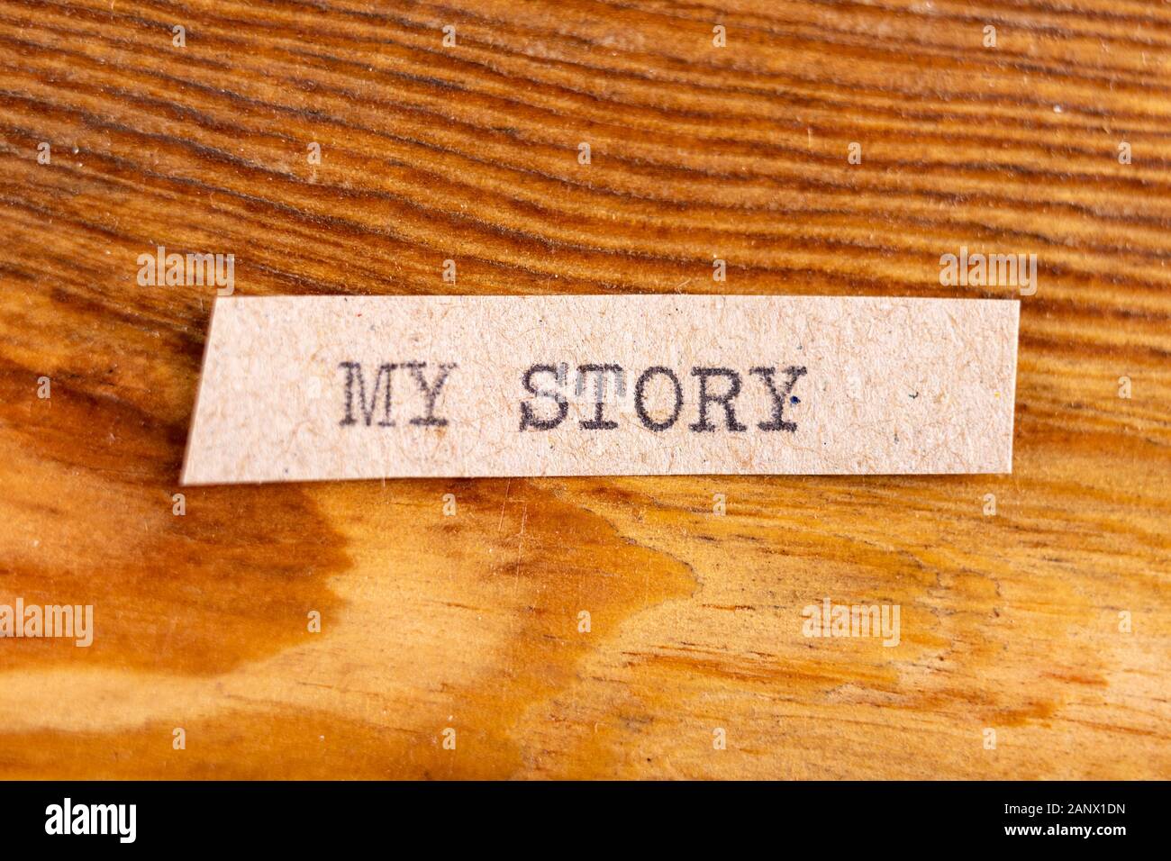 The word "my story" typed. The inscription on a gray sheet of pappier ...