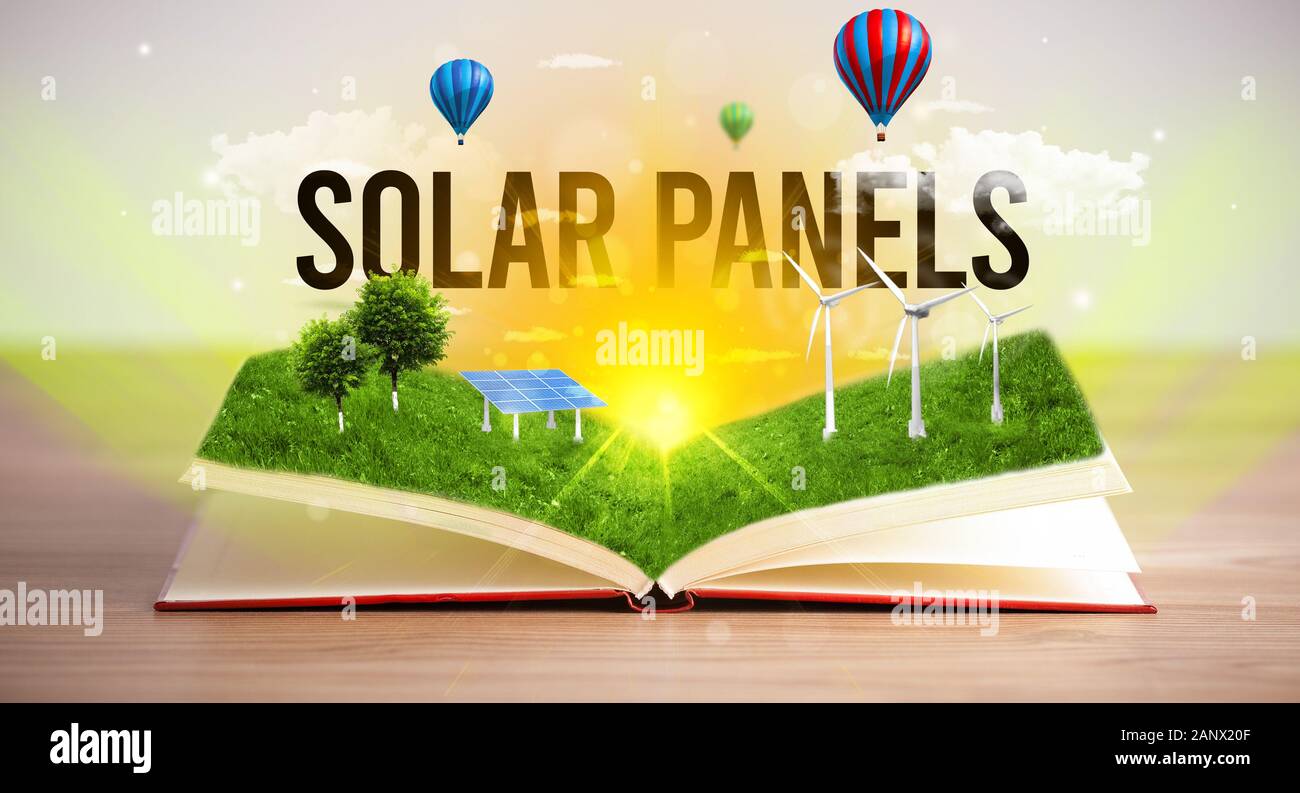 Open book with SOLAR PANELS inscription, renewable energy concept Stock ...