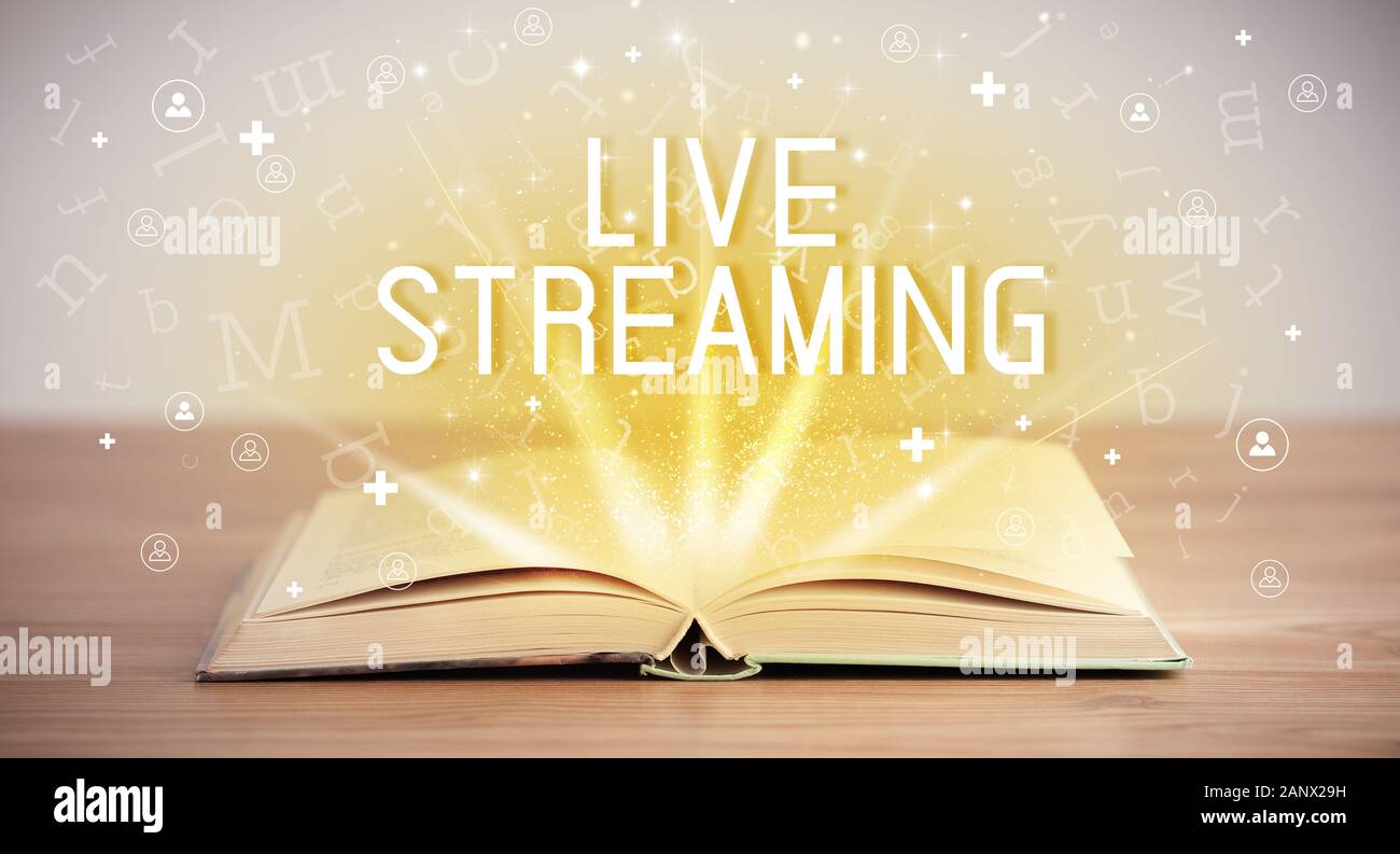 Open book with LIVE STREAMING inscription, social media concept Stock ...