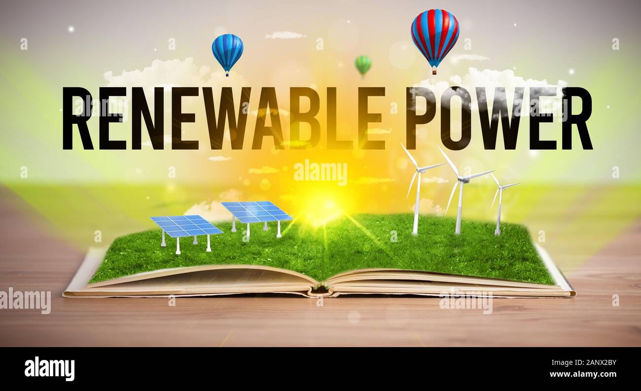 Open book with RENEWABLE POWER inscription, renewable energy concept ...