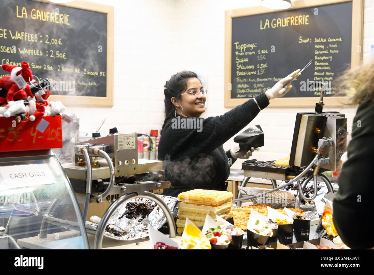 Belgian waffle stall at Christmas on the Grote Markt in Antwerp ...