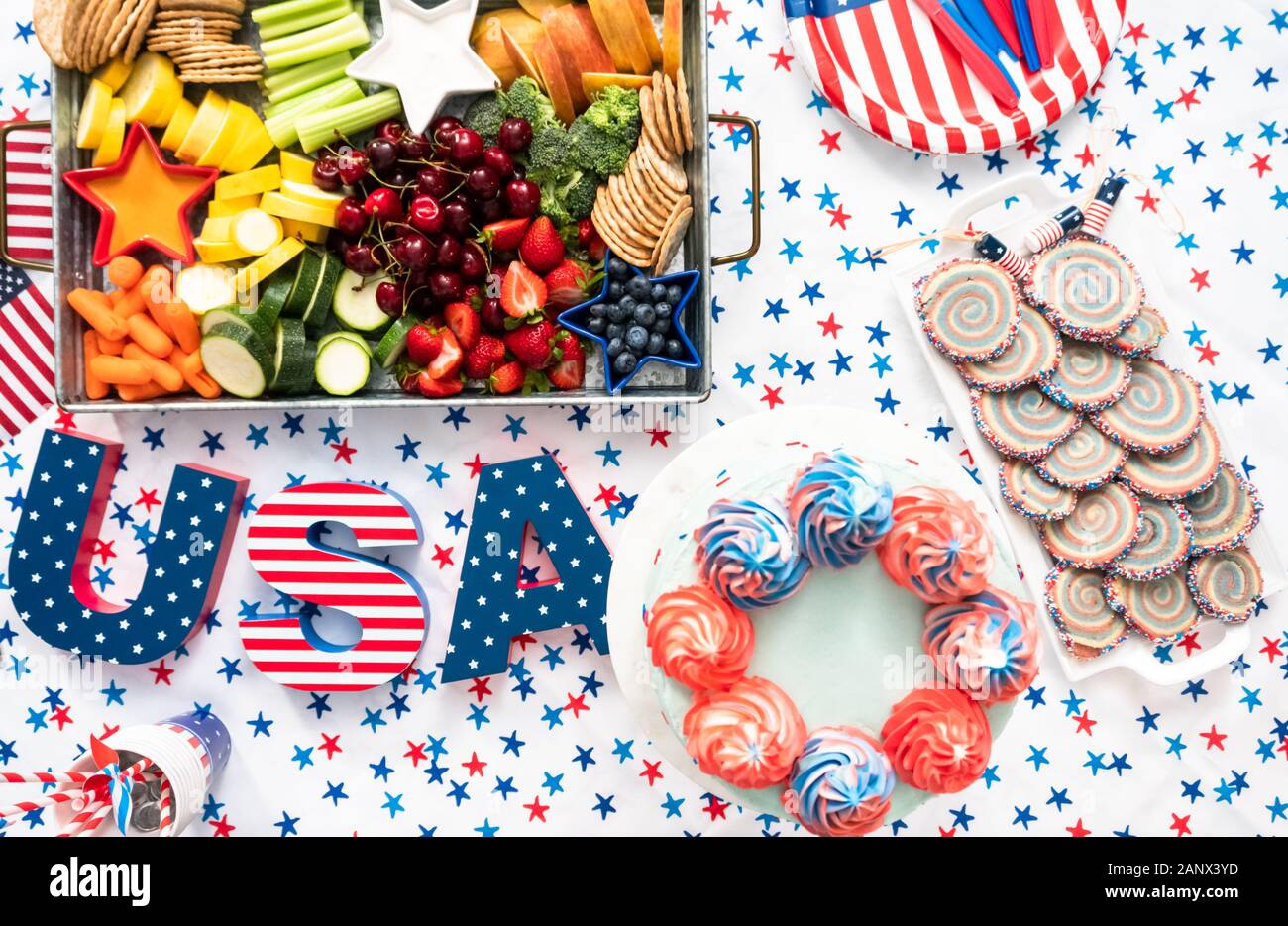 Flat lay. Snack tray with fresh fruits, vegetables, and dips at the ...