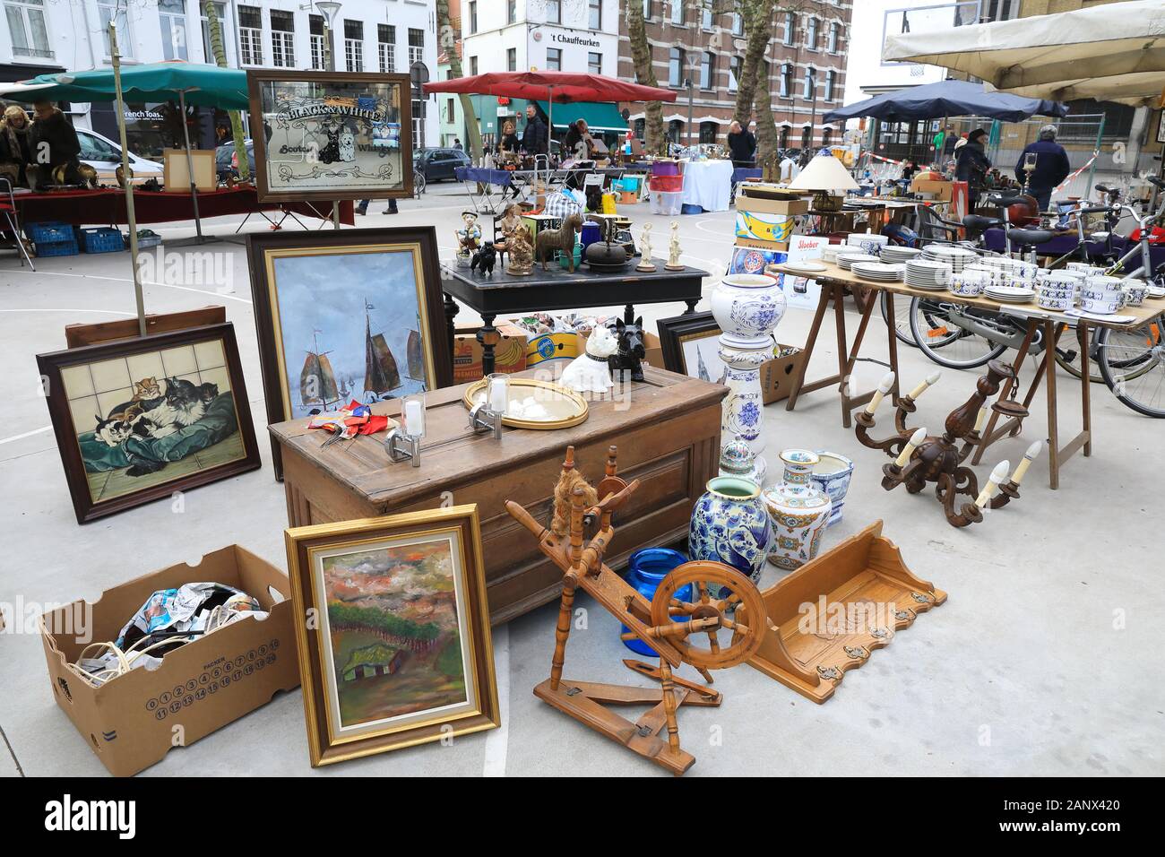 The flea market on St Jansvliet, by the River Schelde, in Antwerp ...