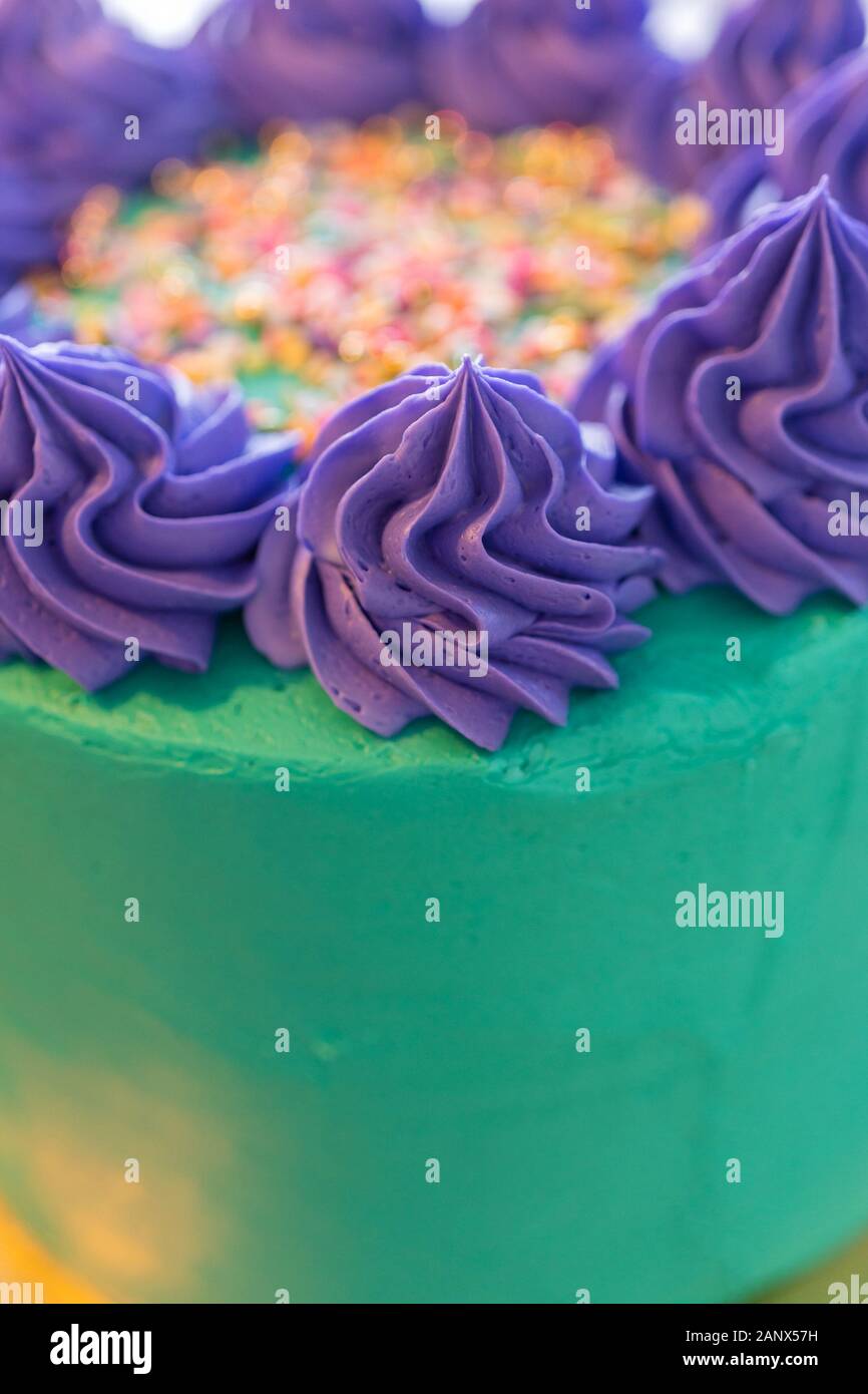 Birthday cake with turquoise buttercream and purple rosettes and ...