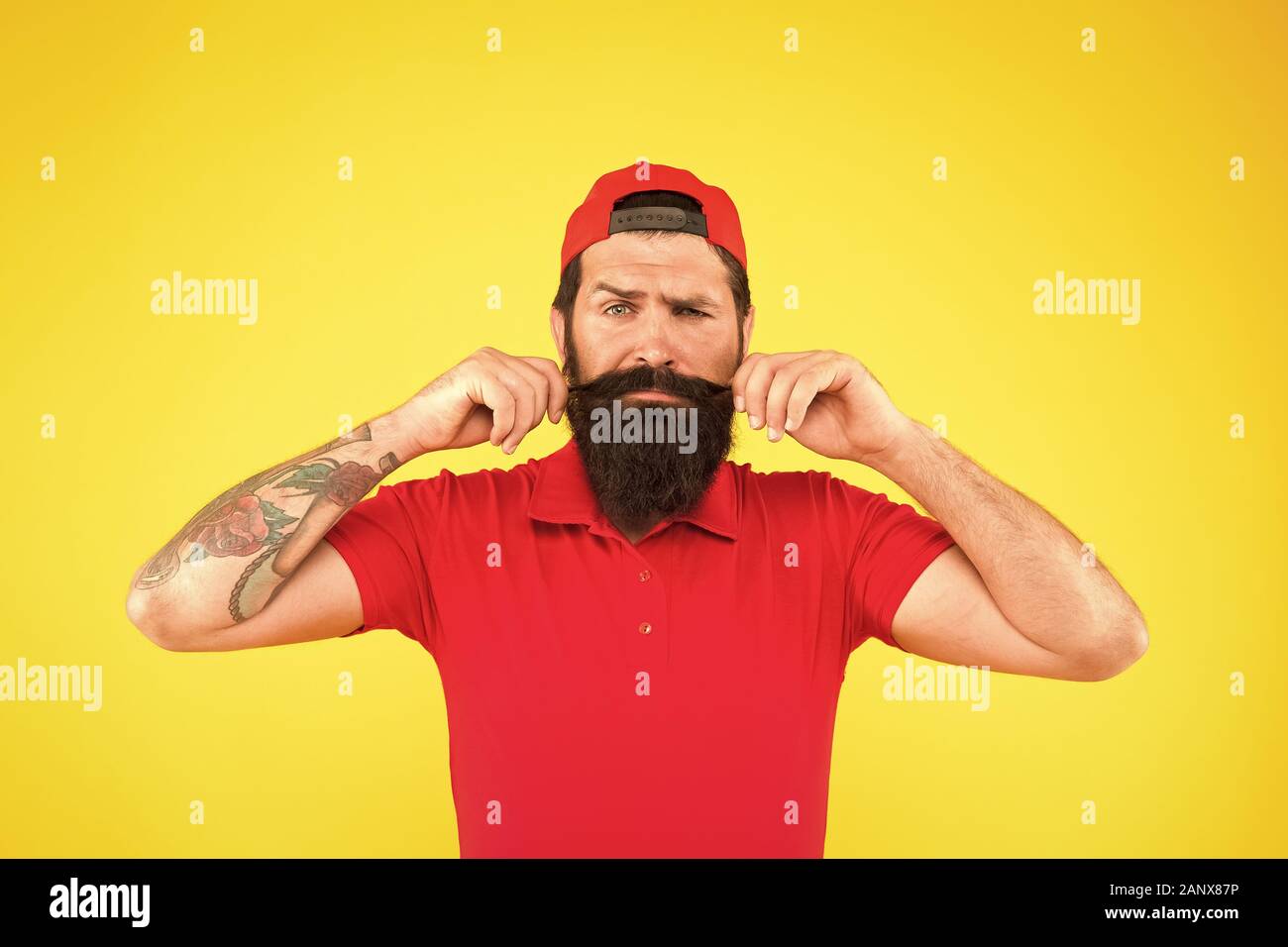 Cool and stylish. Man bearded hipster twisting mustache yellow ...