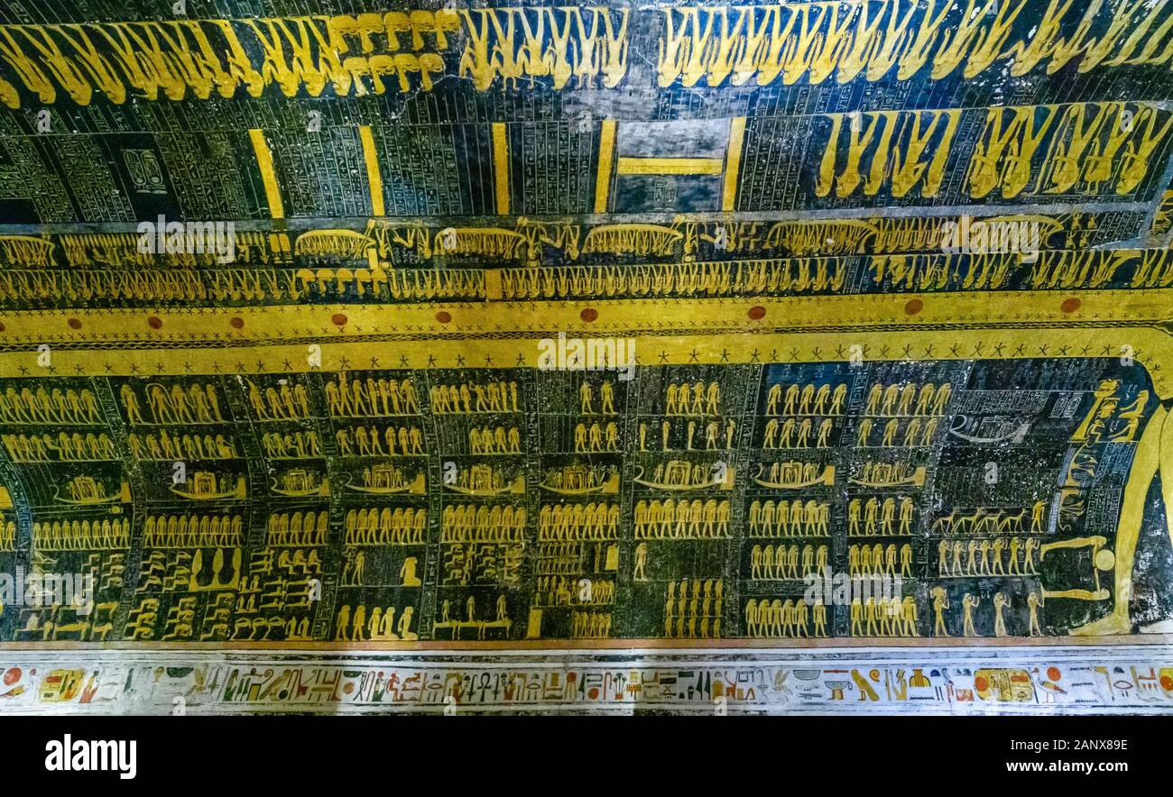 The ceiling of the burial chamber in KV9 showing the goddess Nut with ...