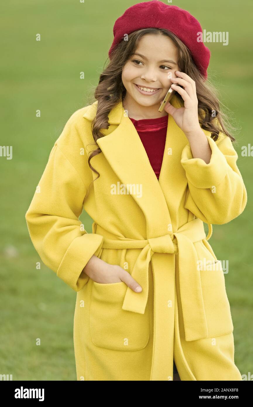 Hello friend. Cute girl hold smartphone. Mobile conversation. Mobile ...