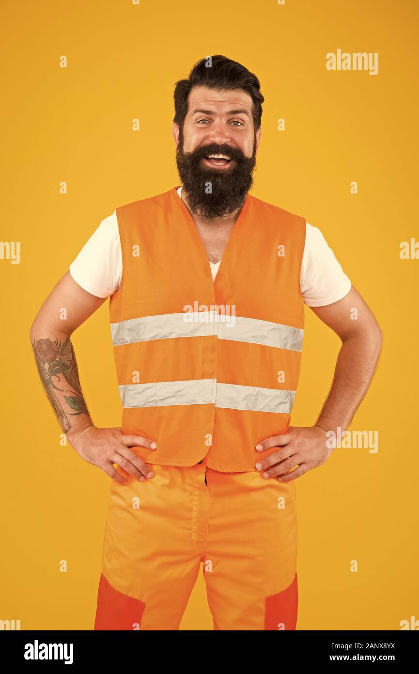 Man of any job. Man worker or workman smiling on yellow background ...