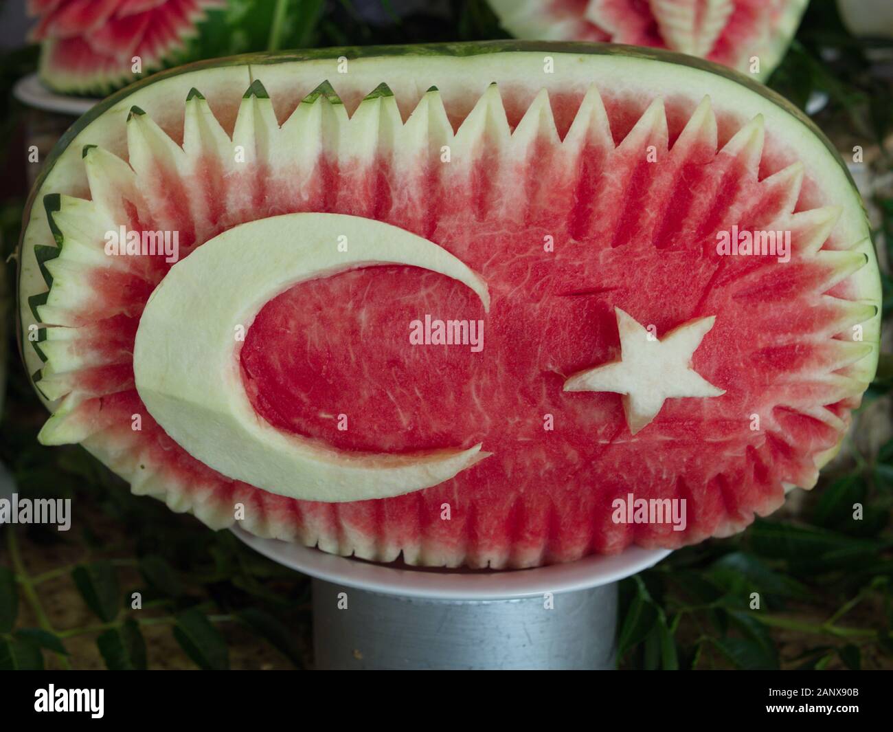 Watermelon carving art name "Mukimono". Traditional Japanese art Stock ...