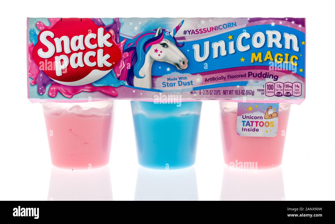 Winneconne, WI - 19 January 2019 : A package of Snack Pack unicorn ...