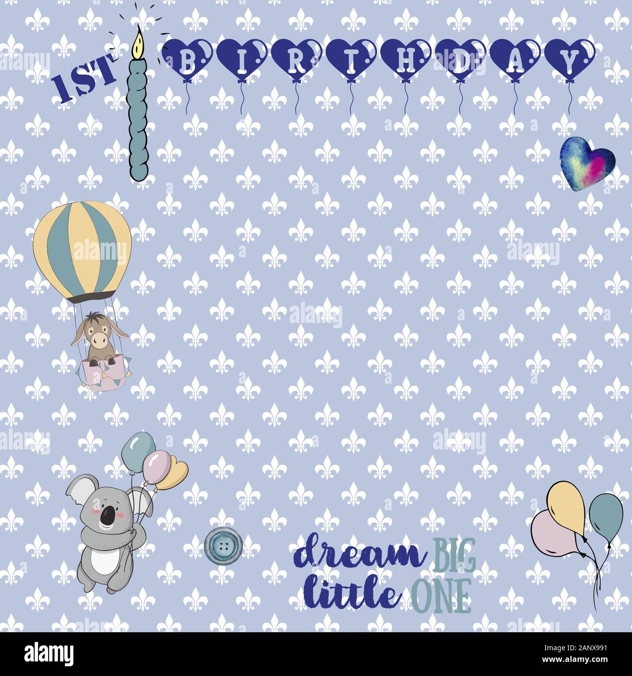 1st birthday boy digital scrapbook page with blue pattern, birthday ...
