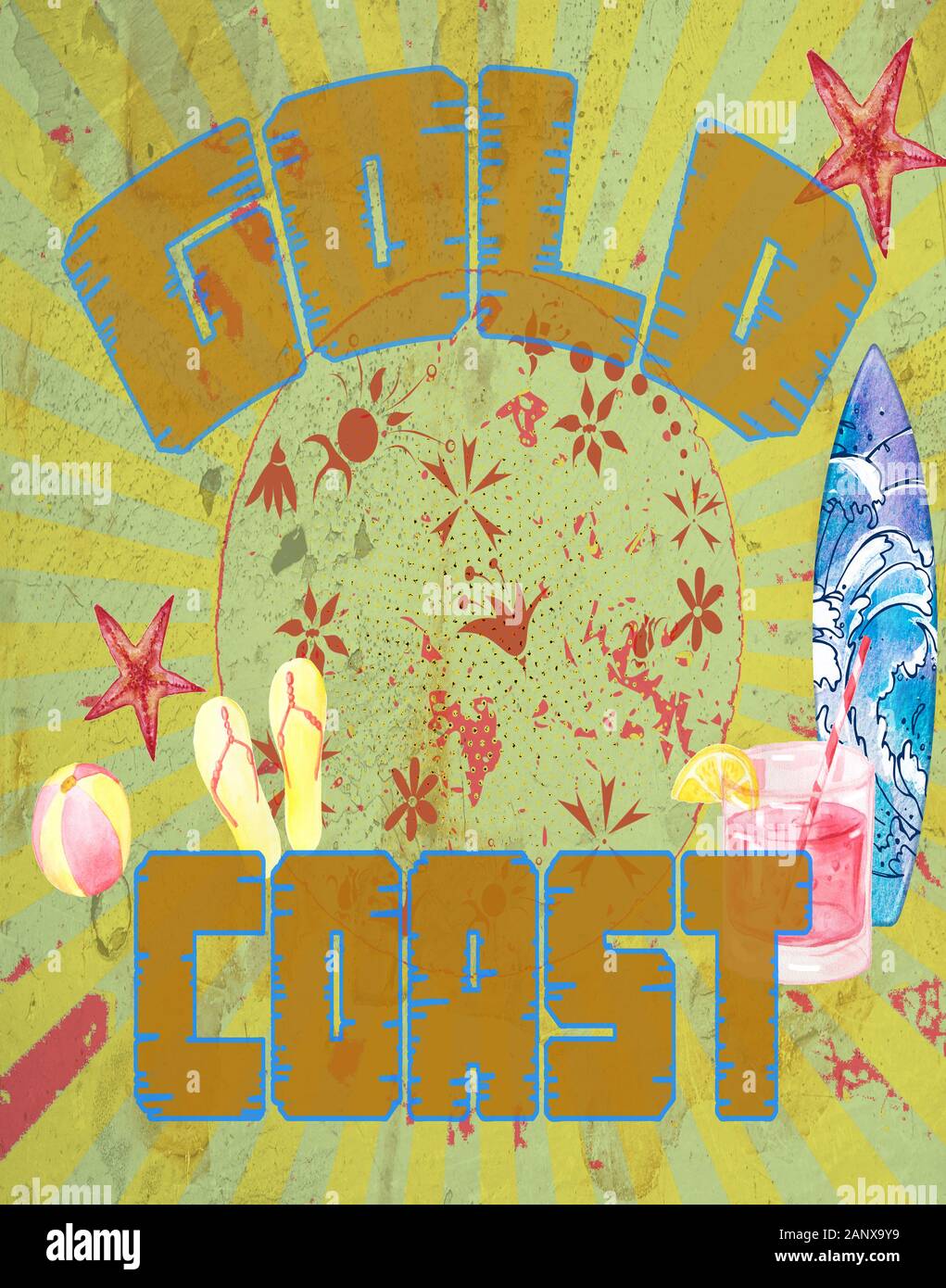 Gold Coast vintage grunge word art graphic in green and yellow with ...