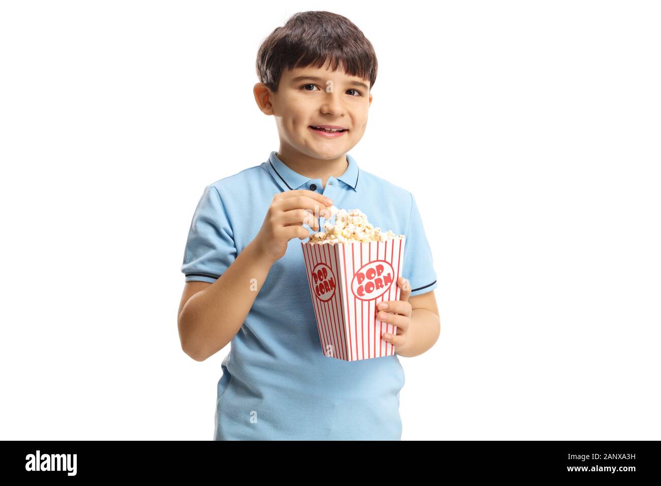 Child with a popcorn box isolated on white background Stock Photo - Alamy