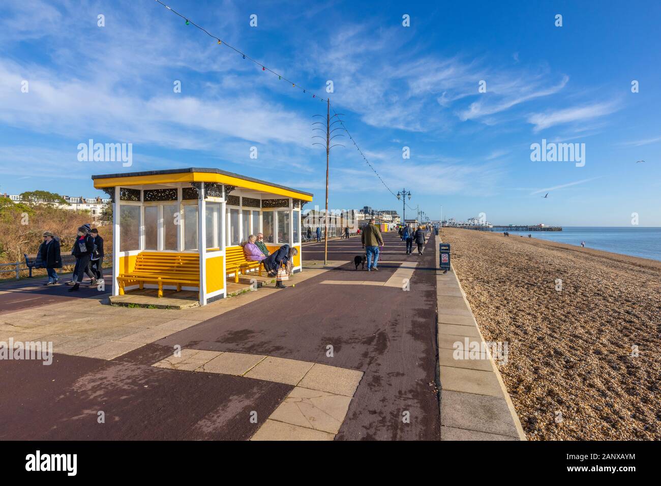 Yellow pavilion shelter along the seafront promenade in Southsea ...