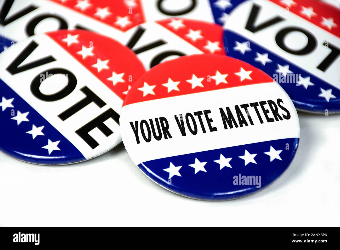 collection of election campaign vote pins on white Stock Photo - Alamy