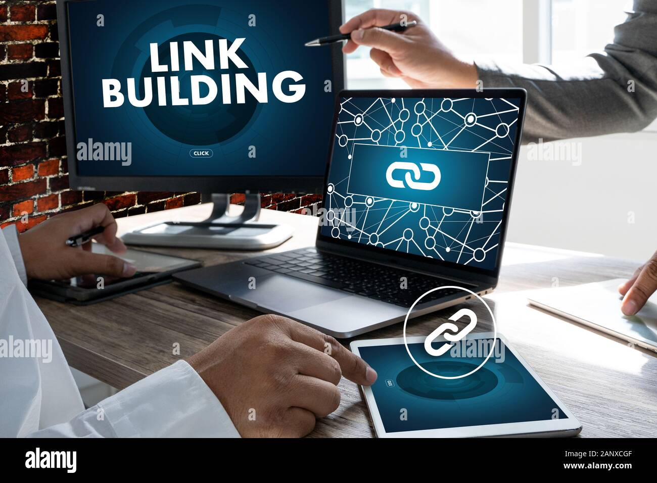 LINK BUILDING Connect Link Communication Contact Network Stock Photo ...