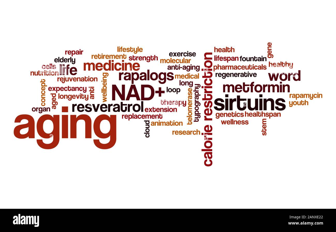 Aging word cloud. Typography Stock Photo - Alamy