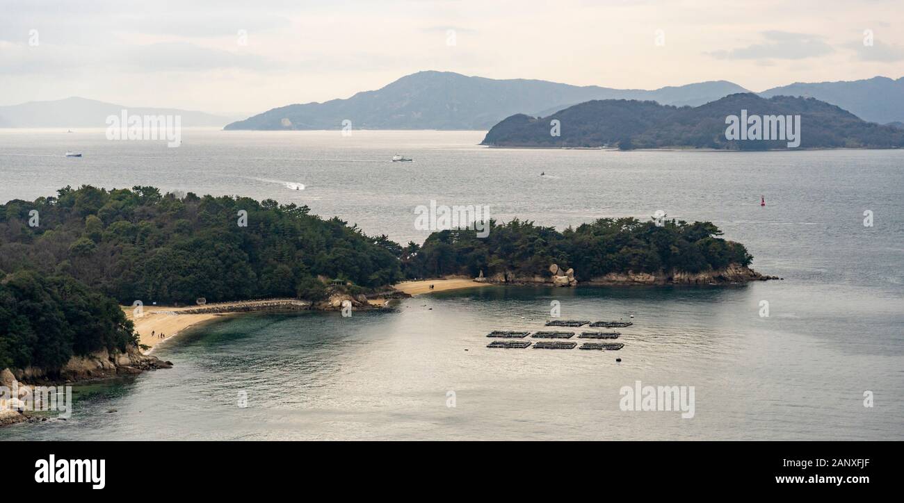 A view over the Seto Inland Sea in Japan from a train on the Great Seto ...