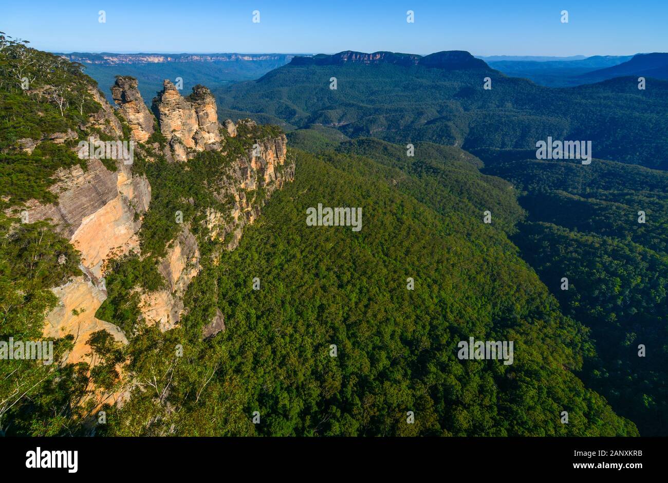 Wide angle view of the Jamison Valley and its famous landmarks in ...