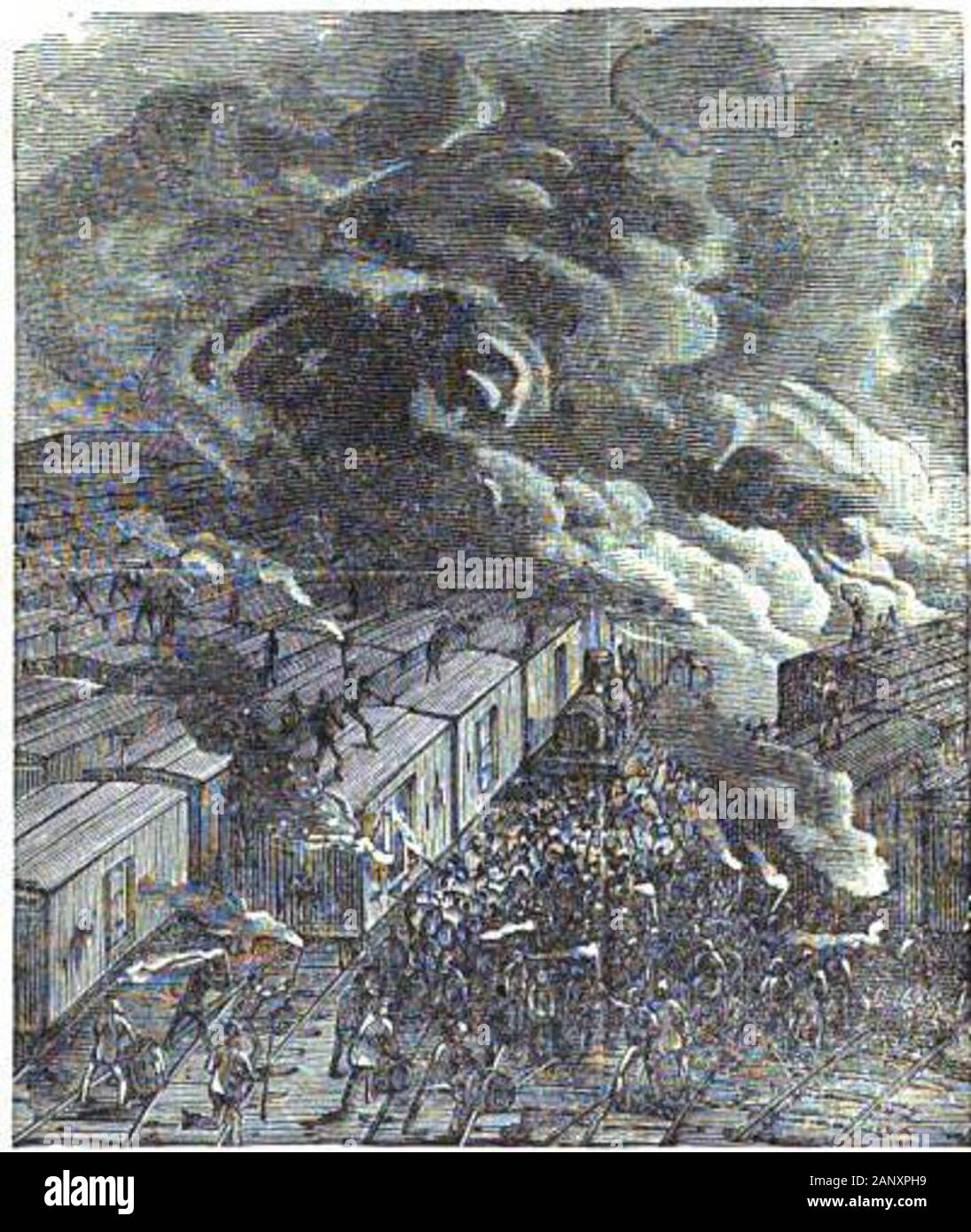 Burning of the freight trains of the Pennsylvania Railroad Stock Photo ...