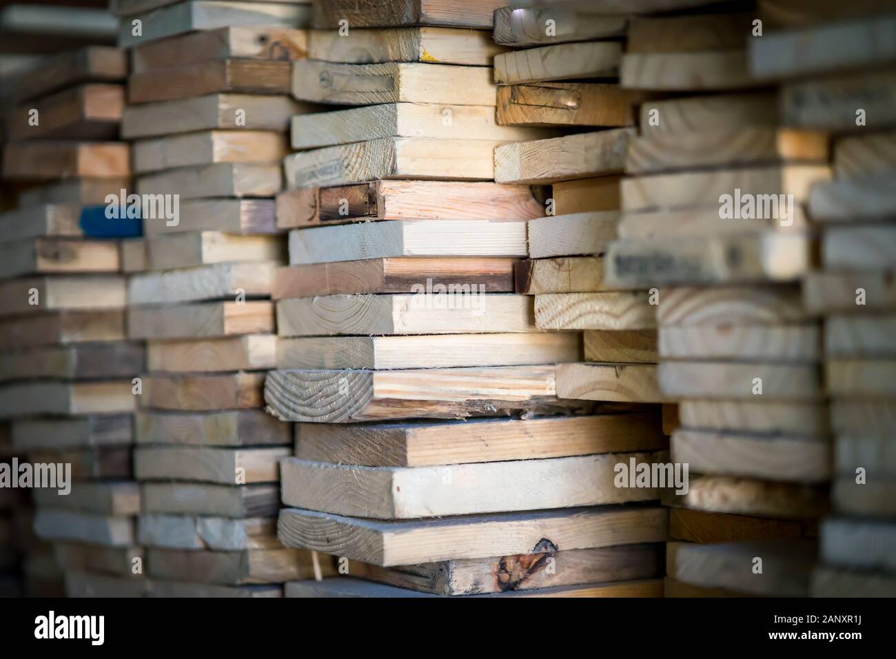 Wood working industry stack of wooden planking lath board joist table ...