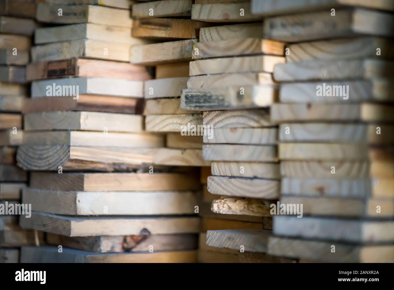Wood working industry stack of wooden planking lath board joist table ...