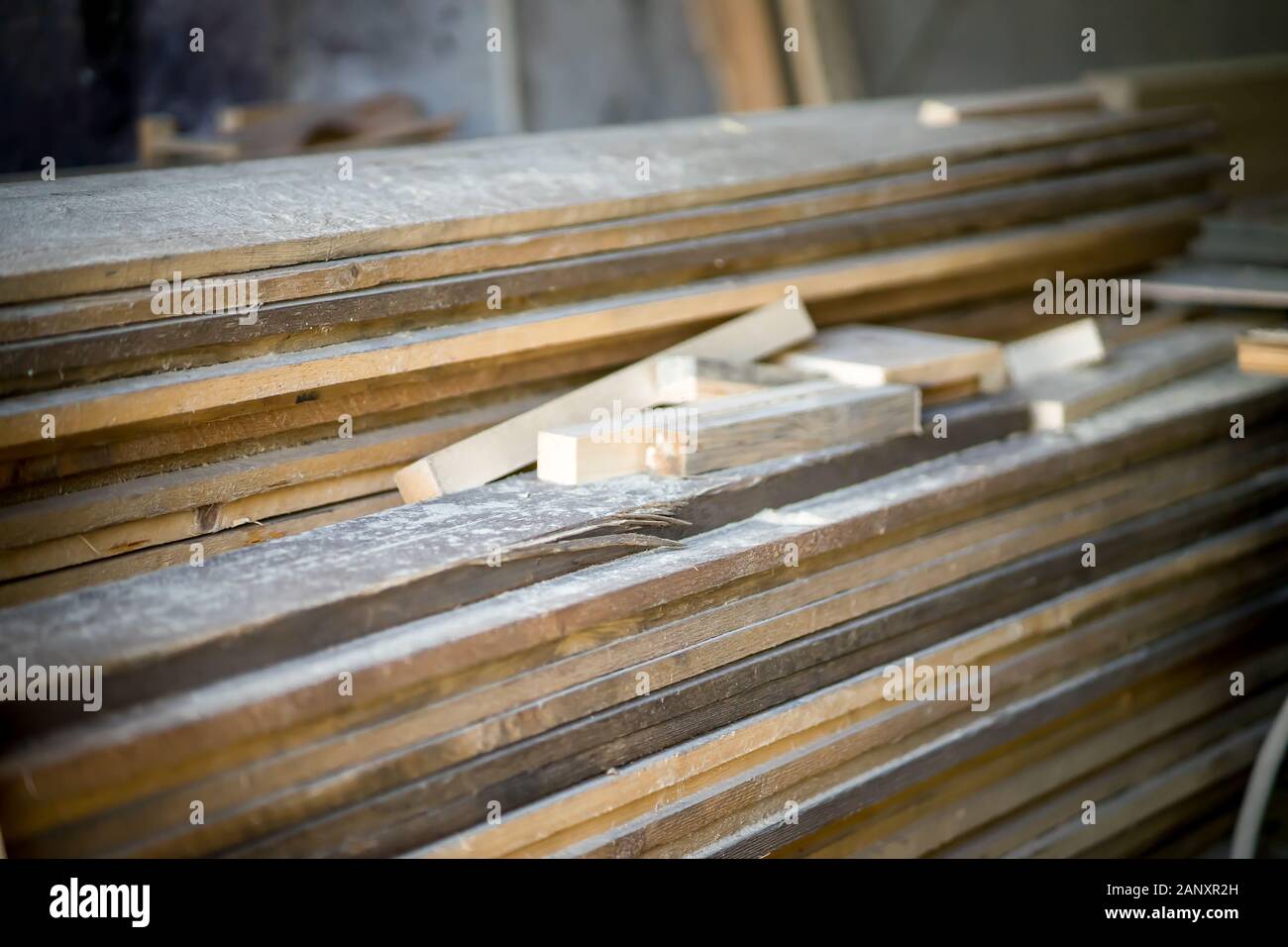 Wood working industry stack of wooden planking lath board joist table ...