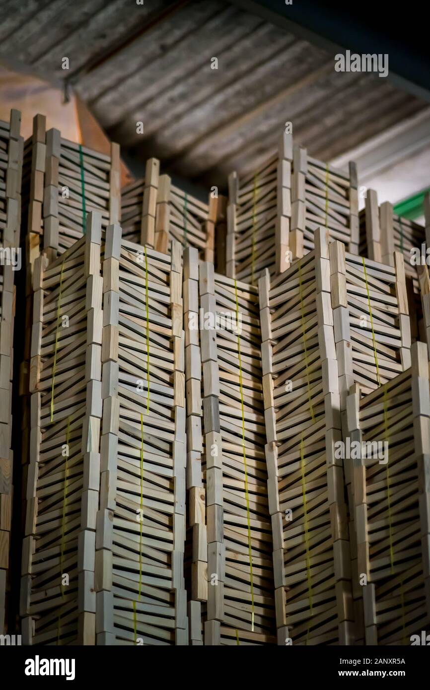 Wood working industry stack of wooden projects close up front view ...