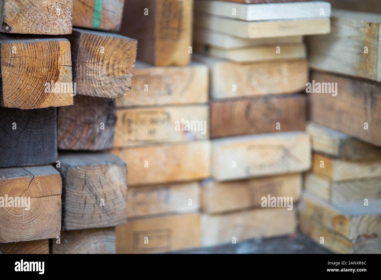 Wood working industry stack of wooden planking lath board joist table ...
