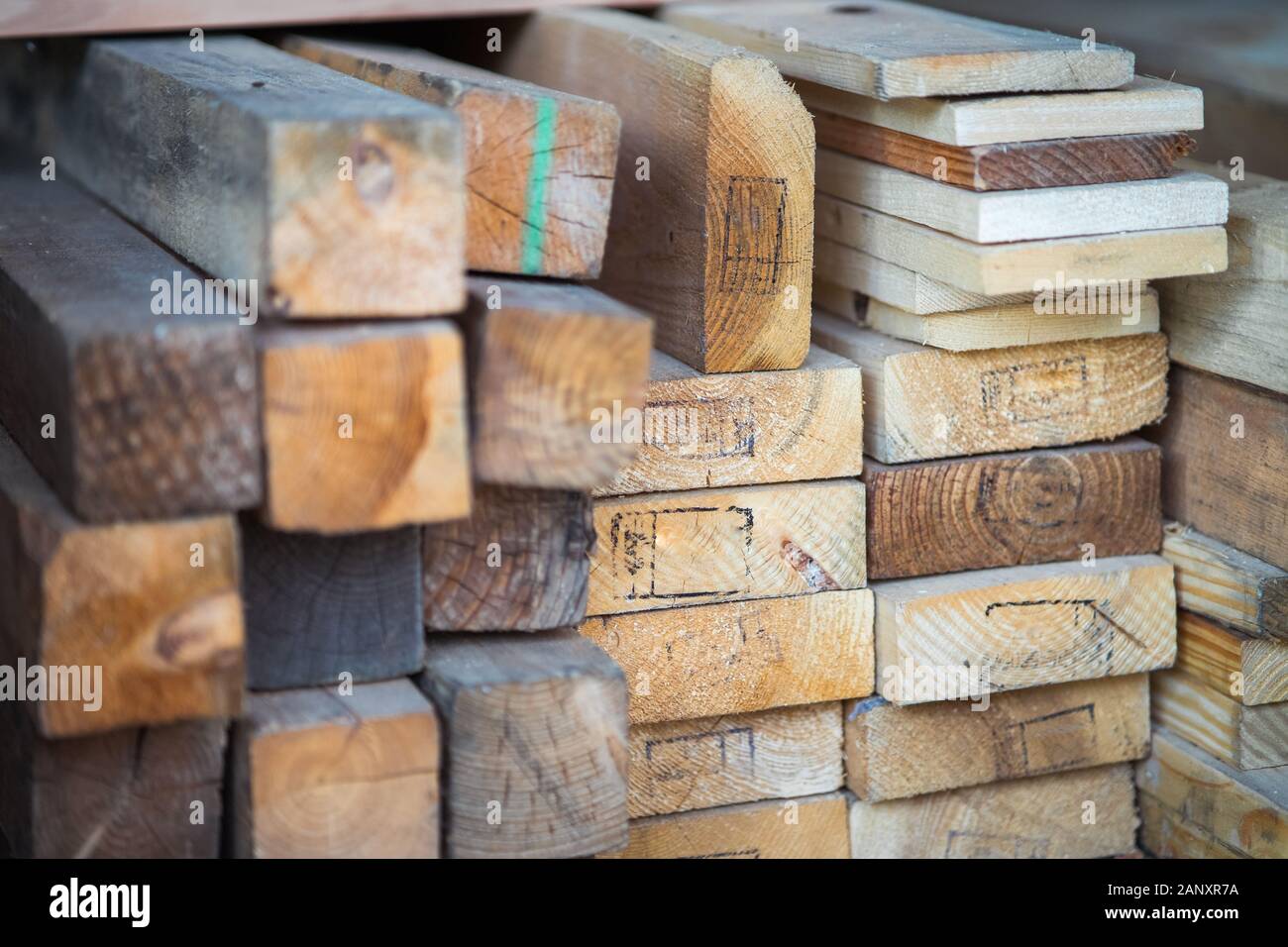 Wood working industry stack of wooden planking lath board joist table ...