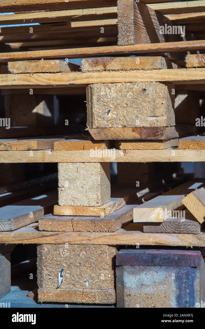 Wood working industry stack of wooden planking lath board joist table ...