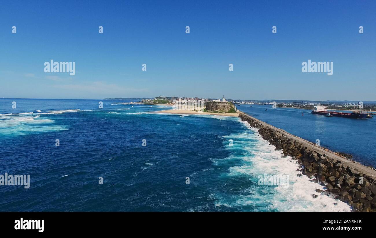 aerial shot of nobbys head lighthouse in newcastle Stock Photo - Alamy