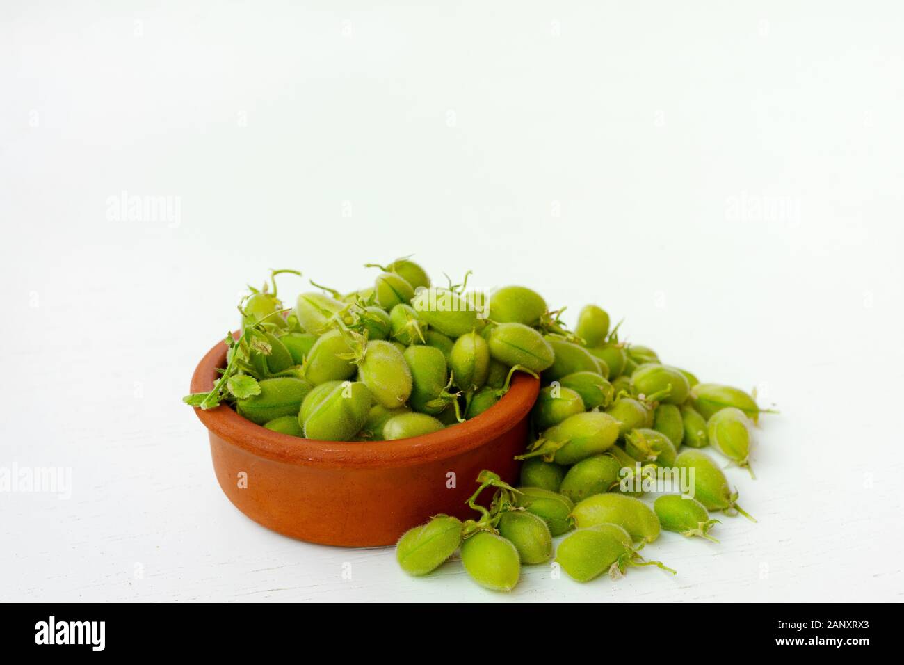 raw green fresh chickpeas. Heap of legume chickpea background. Top view ...