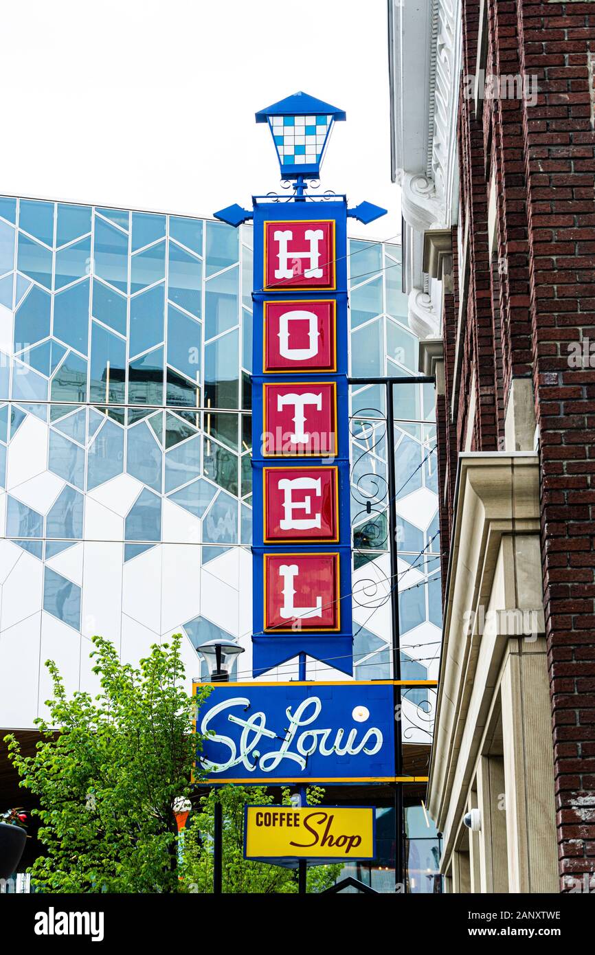 May 26 2019 - Calgary Alberta Canada - St. Louis Hotel sign behind the ...