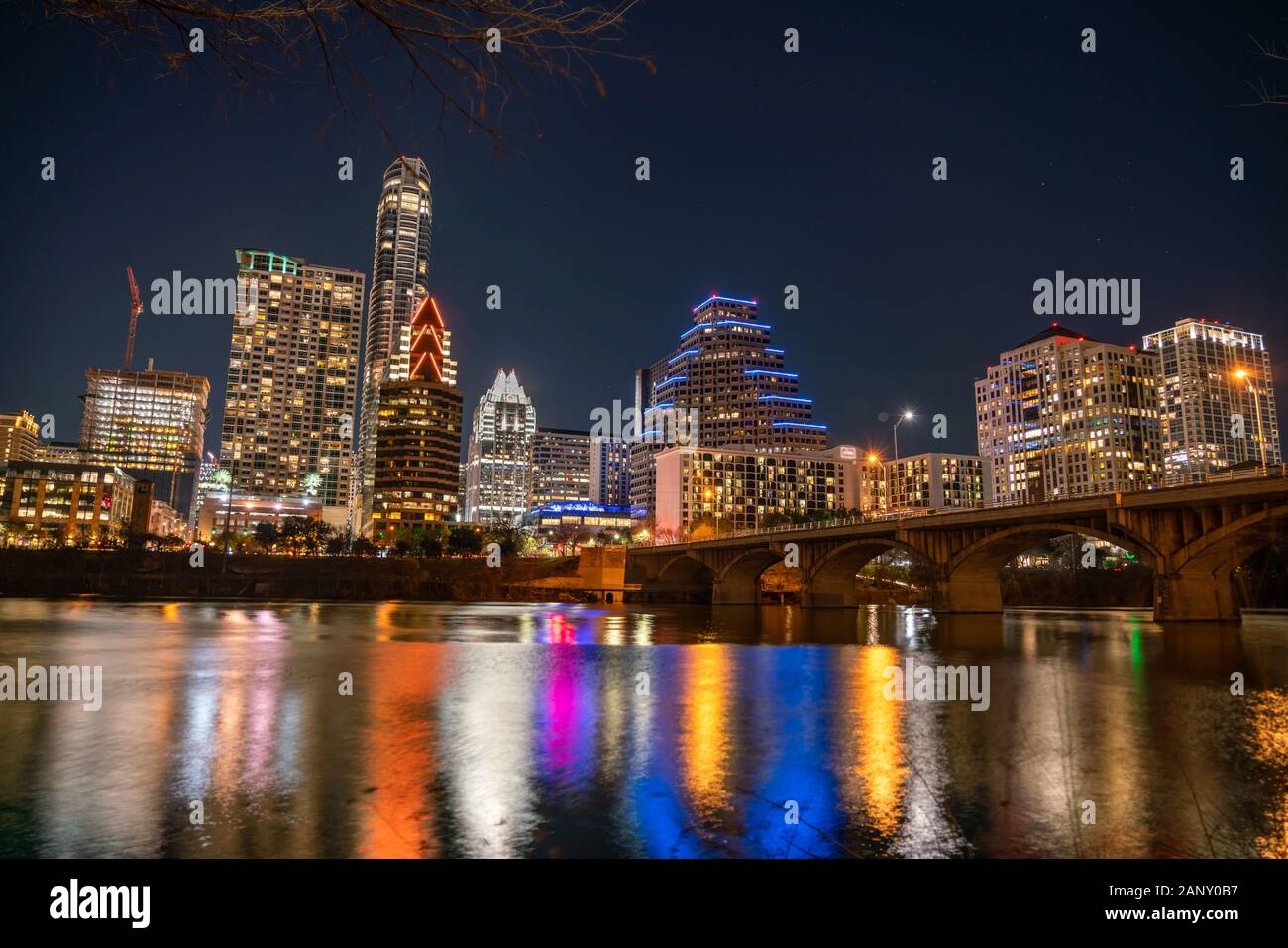 View of the Austin Skyline Reflecting on Lady Bird Lake At Night Stock ...
