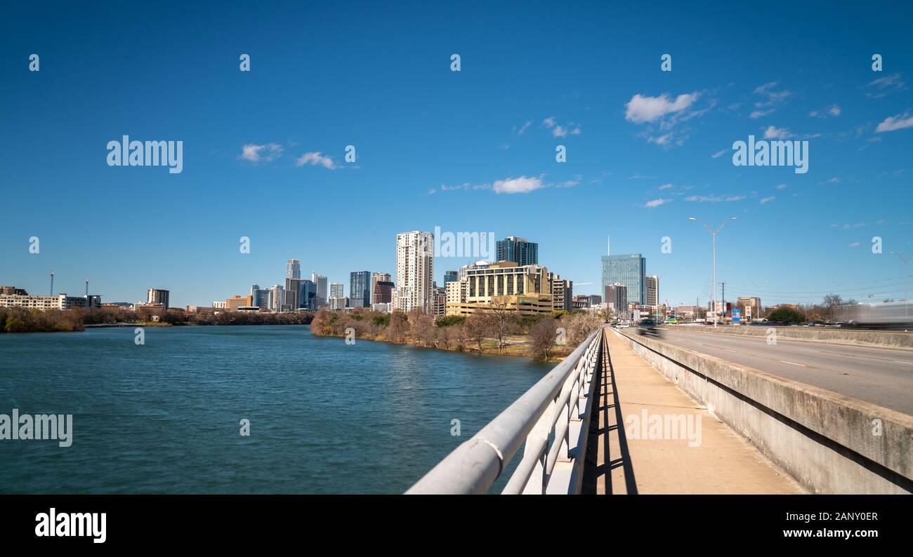 Wide Angle View of Highway Leaving Austin Texas with the Skyline on the ...