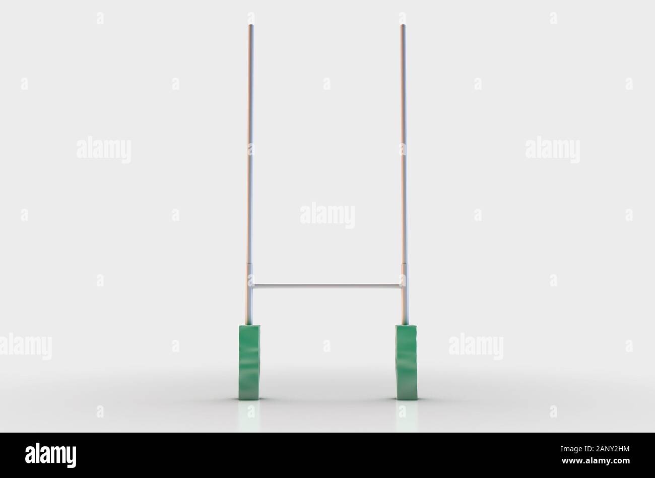White rugby posts with green padding on an isolated white studio ...