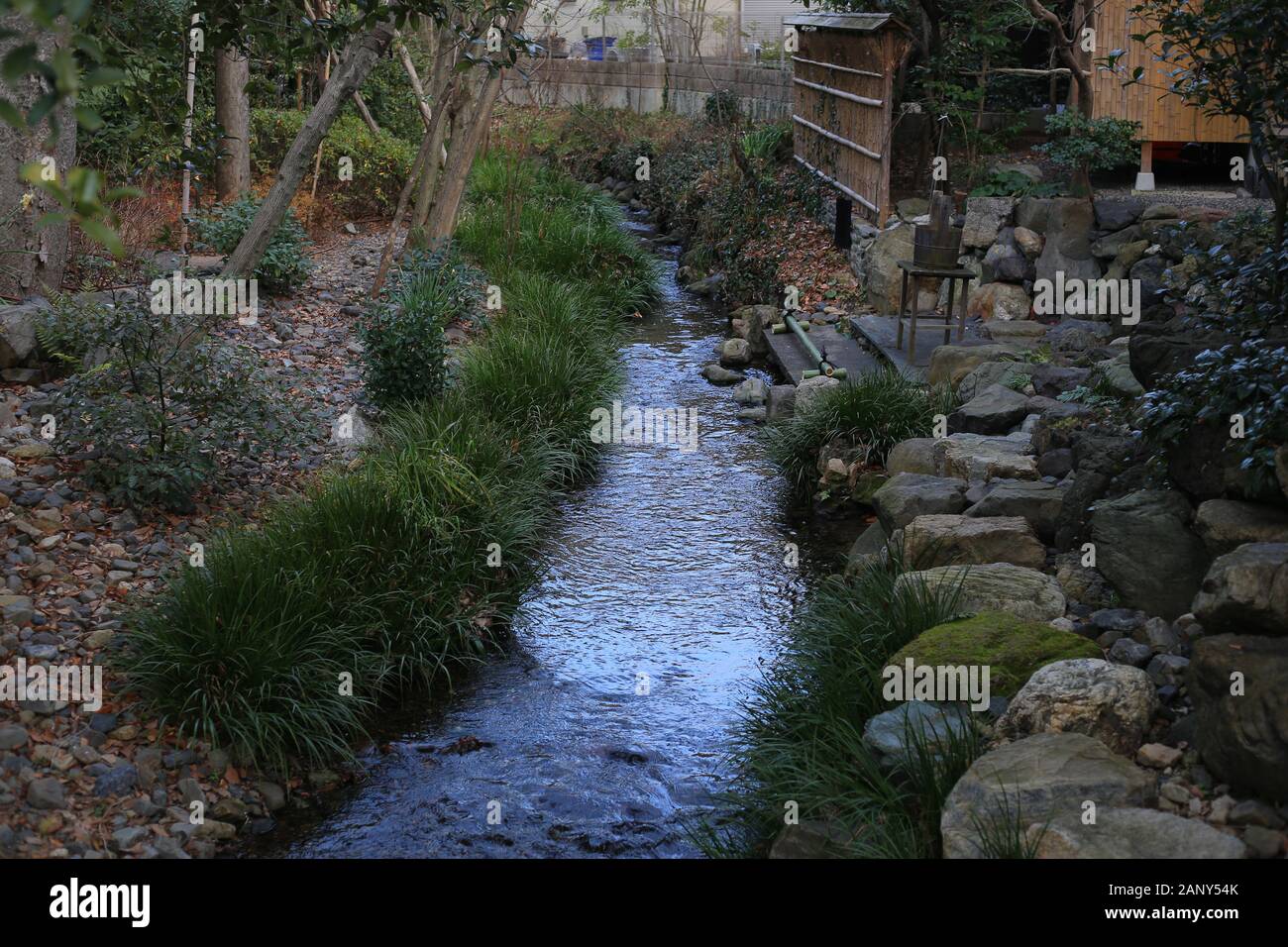 small Japanese clean canal with livable environment. peaceful scene of ...