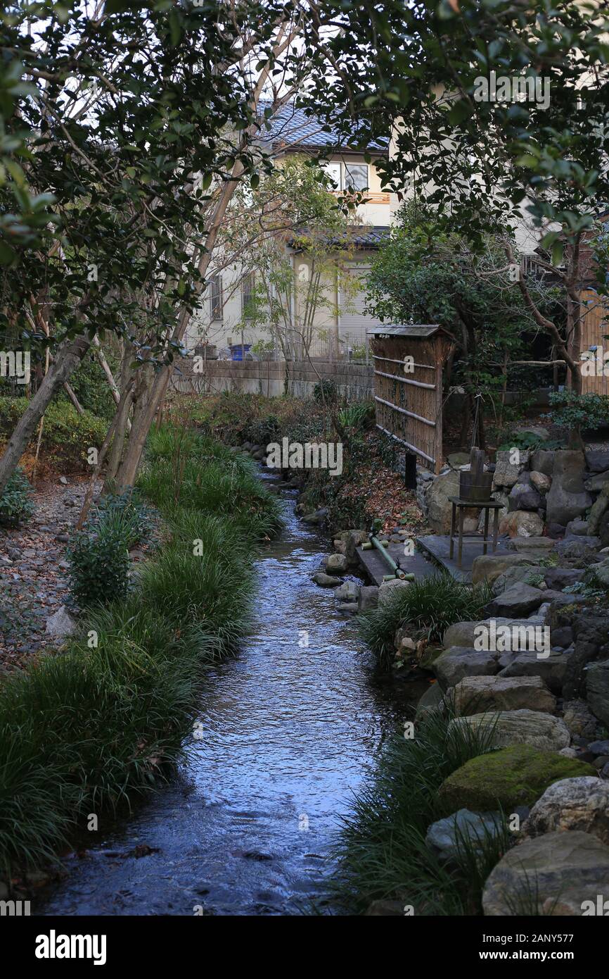 small Japanese clean canal with livable environment. peaceful scene of ...