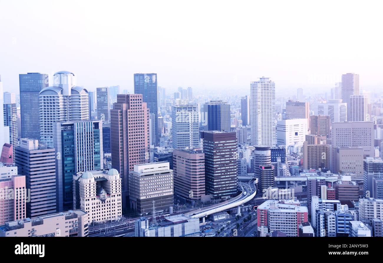 Aerial view of skyscrapers in downtown Osaka, Japan. View from Umeda ...